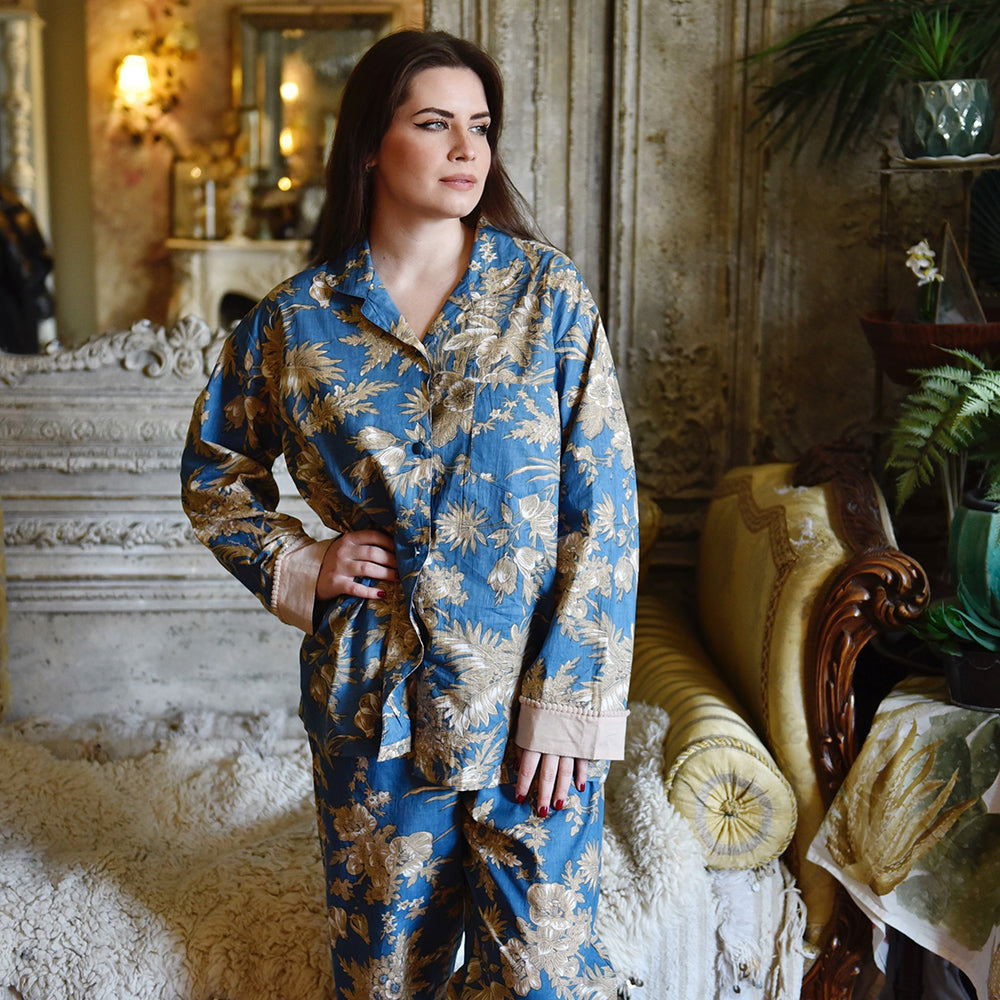 French Blue & Light Tan Large Floral Print Pyjamas